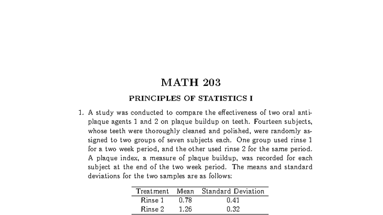 MATH 203 Final Exam: Statistical Analysis of Antiplaque Agents and More ...