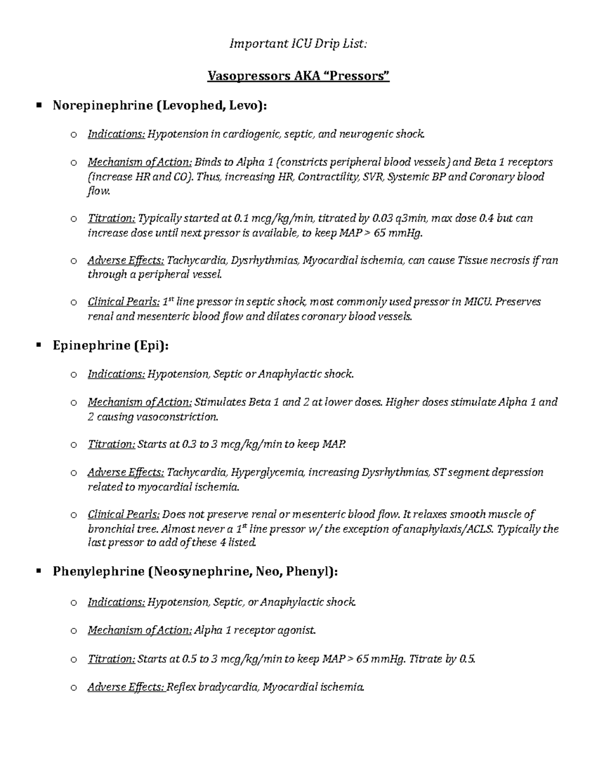 Essential ICU Drip List - Important ICU Drip List: Vasopressors AKA ...