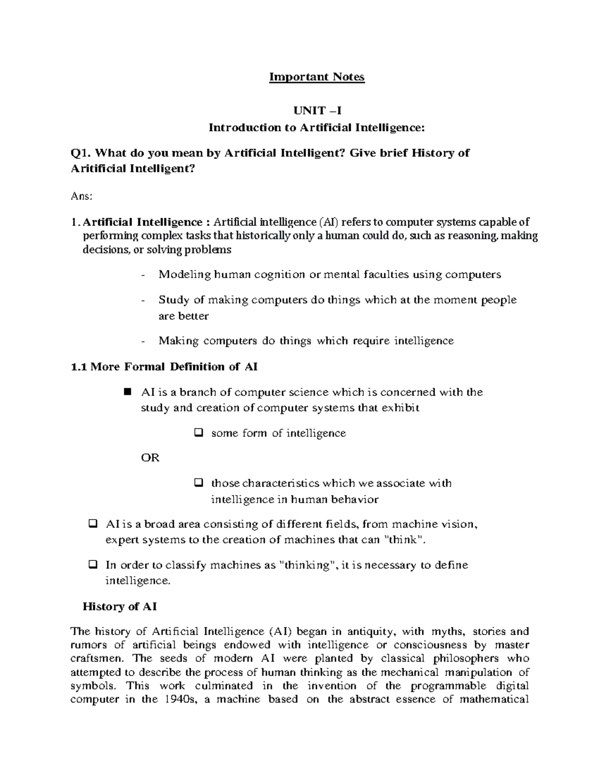AI UNIT-1: Introduction to Artificial Intelligence and Its History - Studocu
