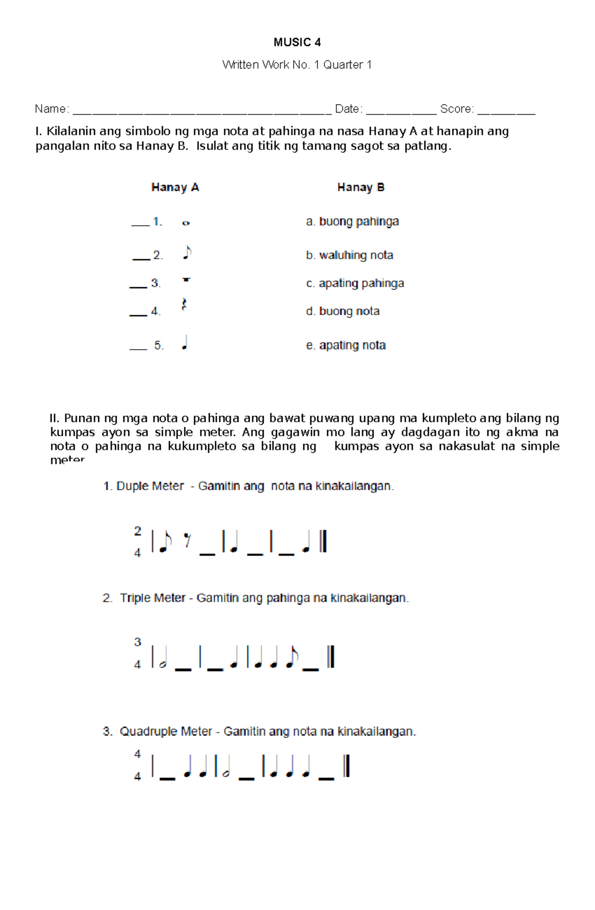 Grade 4 Summative Test in Music Modules 1-3 - MUSIC 4 Written Work No ...