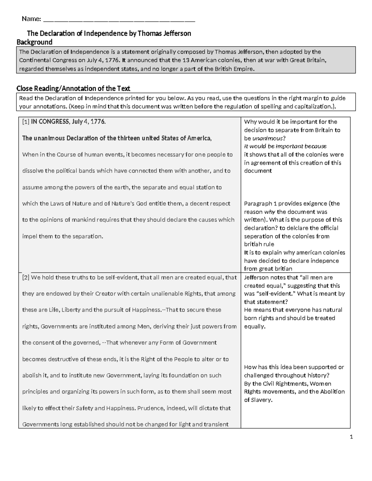Copy of Declaration of Independence Reading Questions & Annotation ...