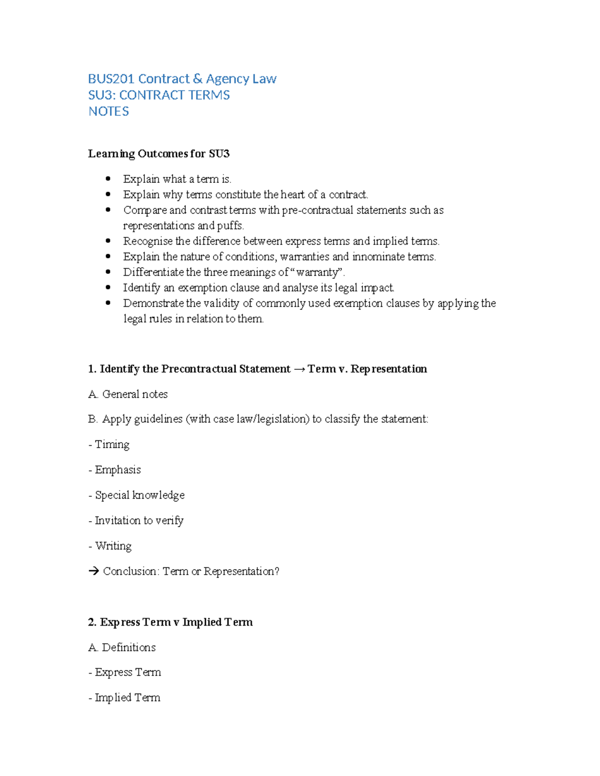 BUS201 Contract Agency Law SU3: Contract Terms Study Notes - Studocu