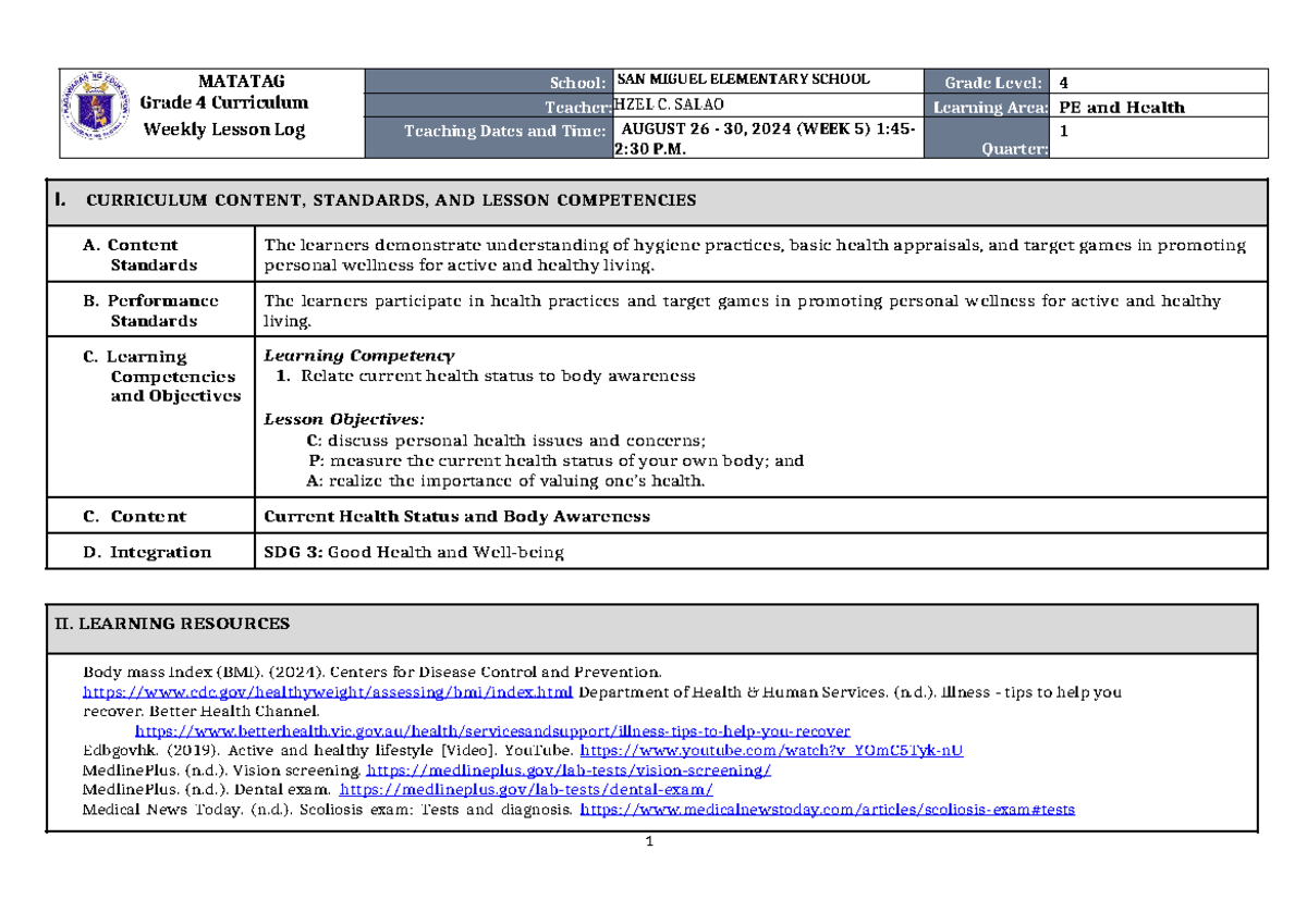 DLL Matatag PE & Health 4 Q1 WEEK 3 - 6 - MATATAG Grade 4 Curriculum ...