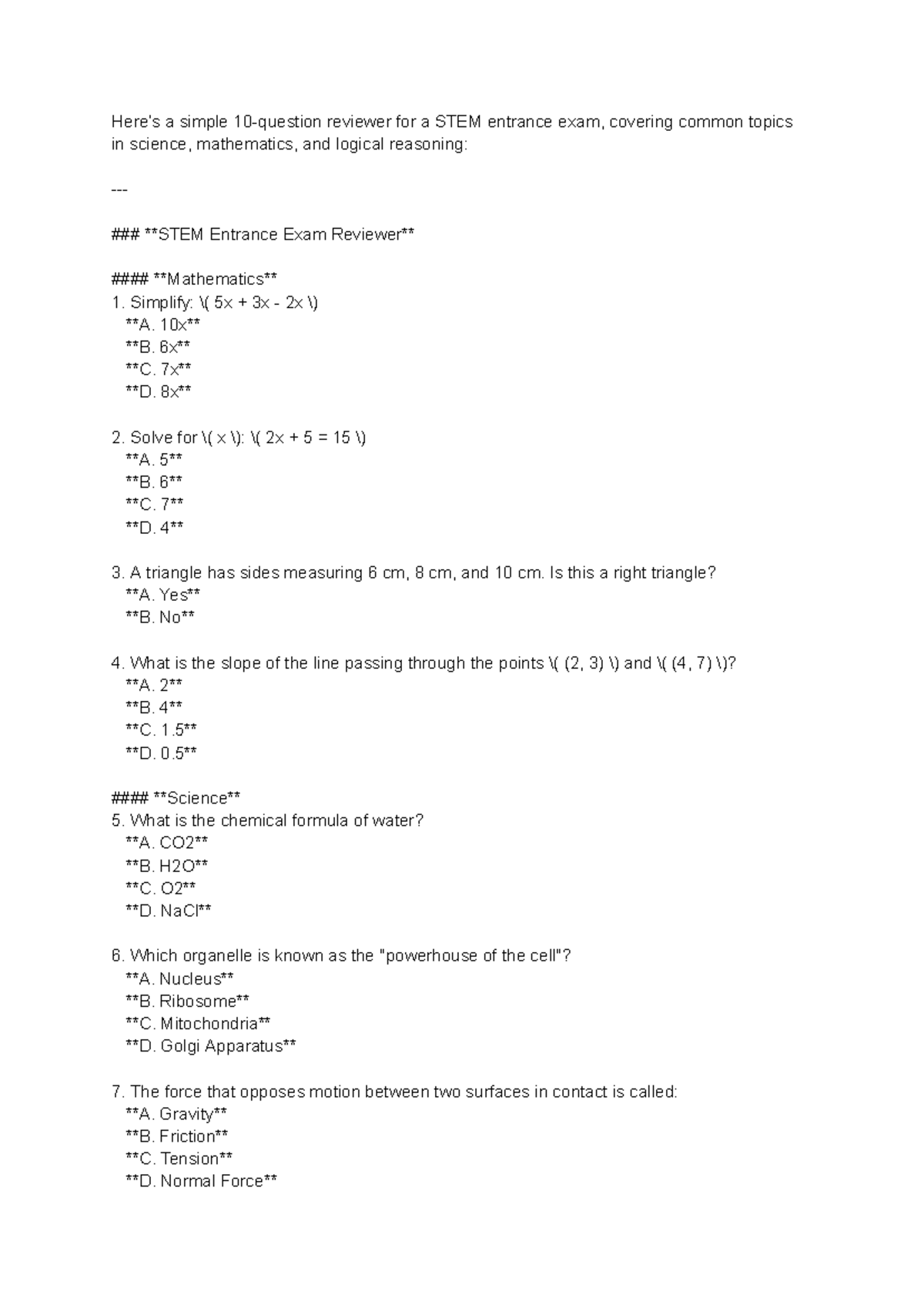 STEM Entrance Exam Reviewer - Practice Questions for Success - Studocu