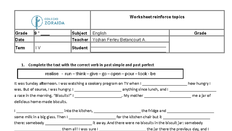 Worksheet: Past Simple & Past Perfect Practice - Grade 9 Term IV - Studocu