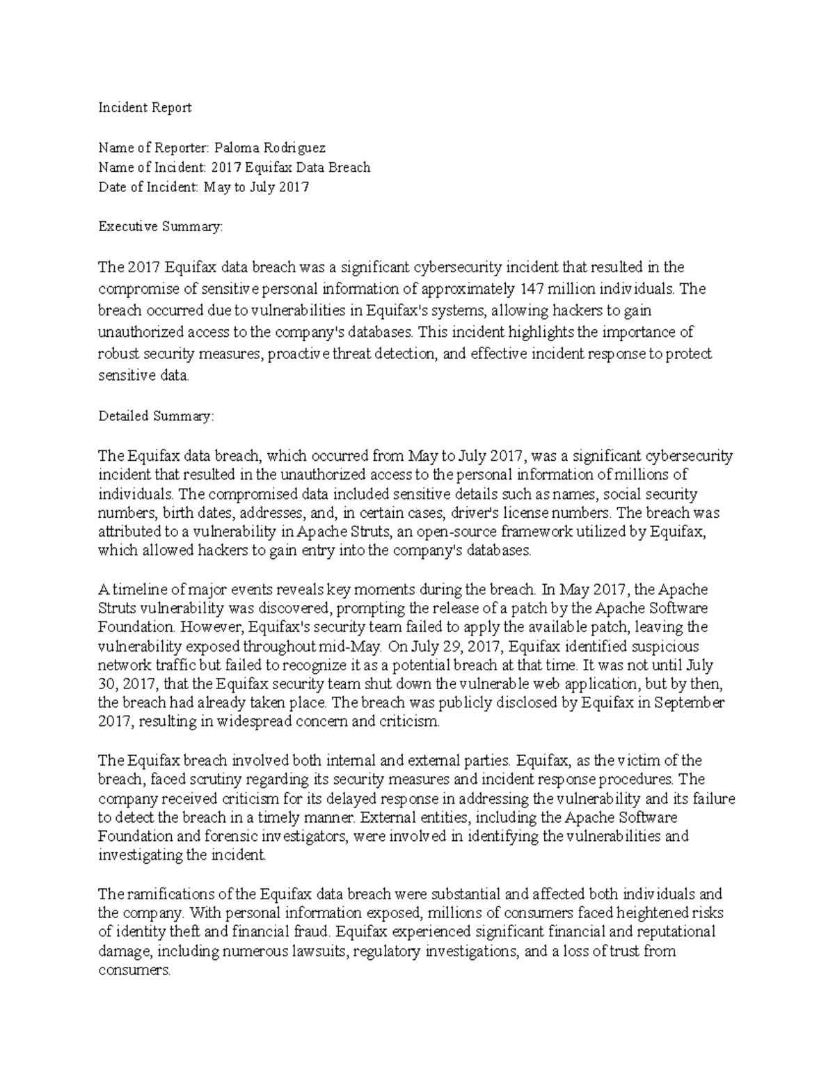 2017 Equifax Data Breach: Incident Report & Key Findings Analysis - Studocu
