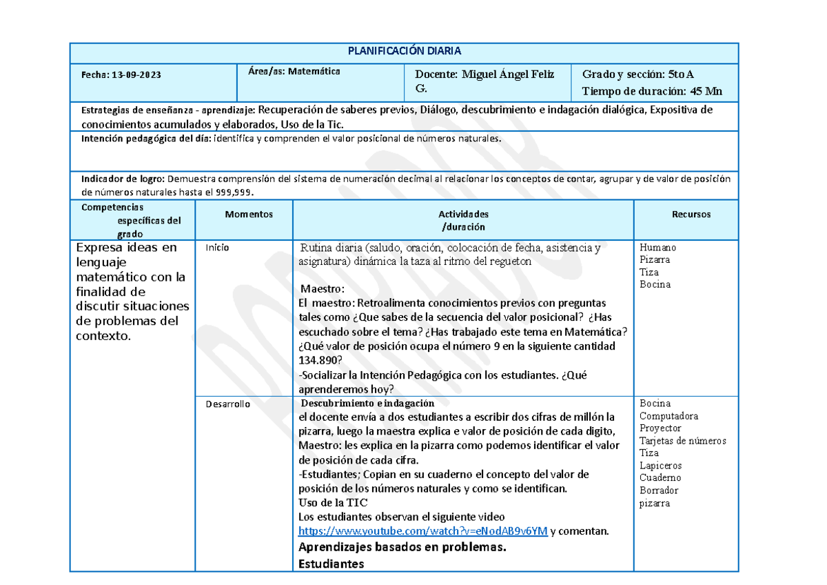 Planificación Diaria de Matemática 5to Grado - Valor Posicional - Studocu