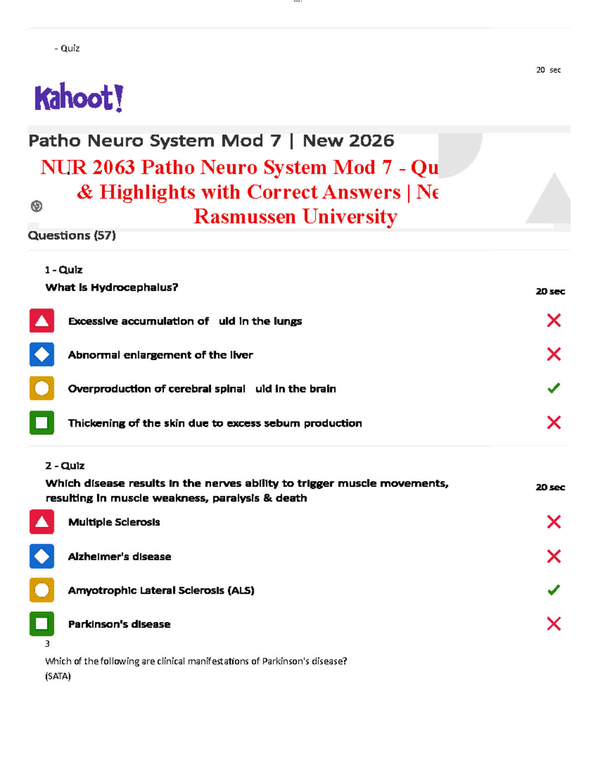 NUR 2063 Patho Neuro System Mod 7 - Quiz Highlights & Answers 2026 ...