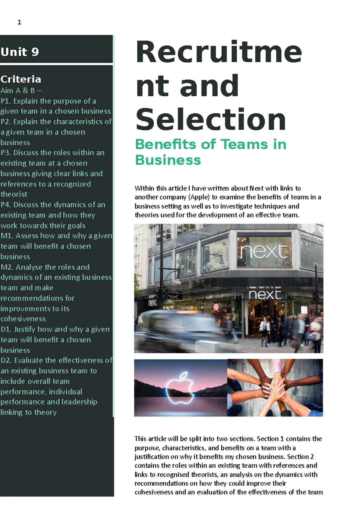 Unit 9, assignment one: team building in business: - In this report I ...