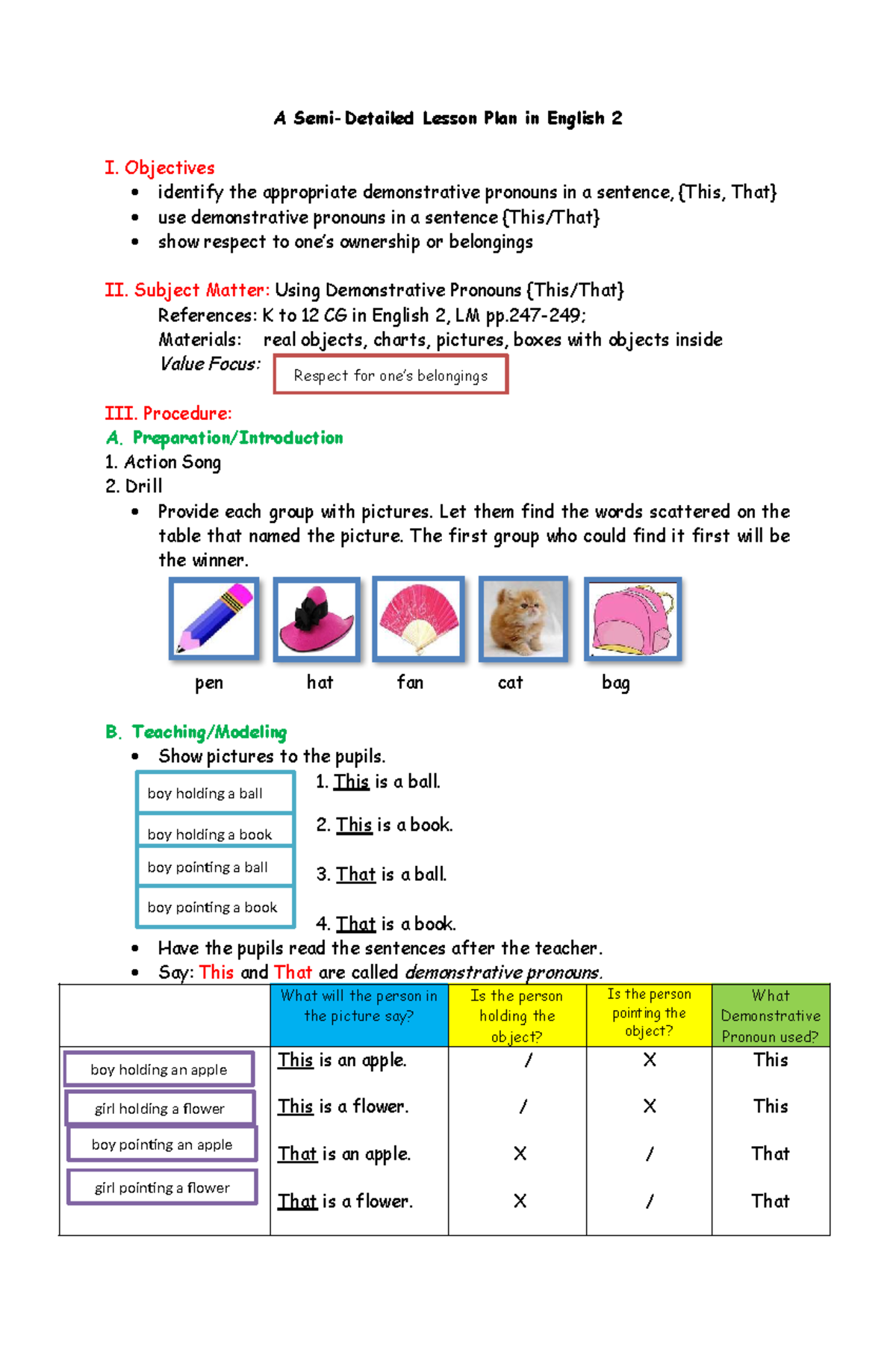 Semi-Detailed Lesson Plan for English 2: Demonstrative Pronouns - Studocu