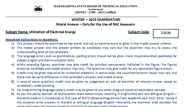 UEE 22626 Winter 2023 Model Answer Paper for Electrical Energy Utilization - Studocu