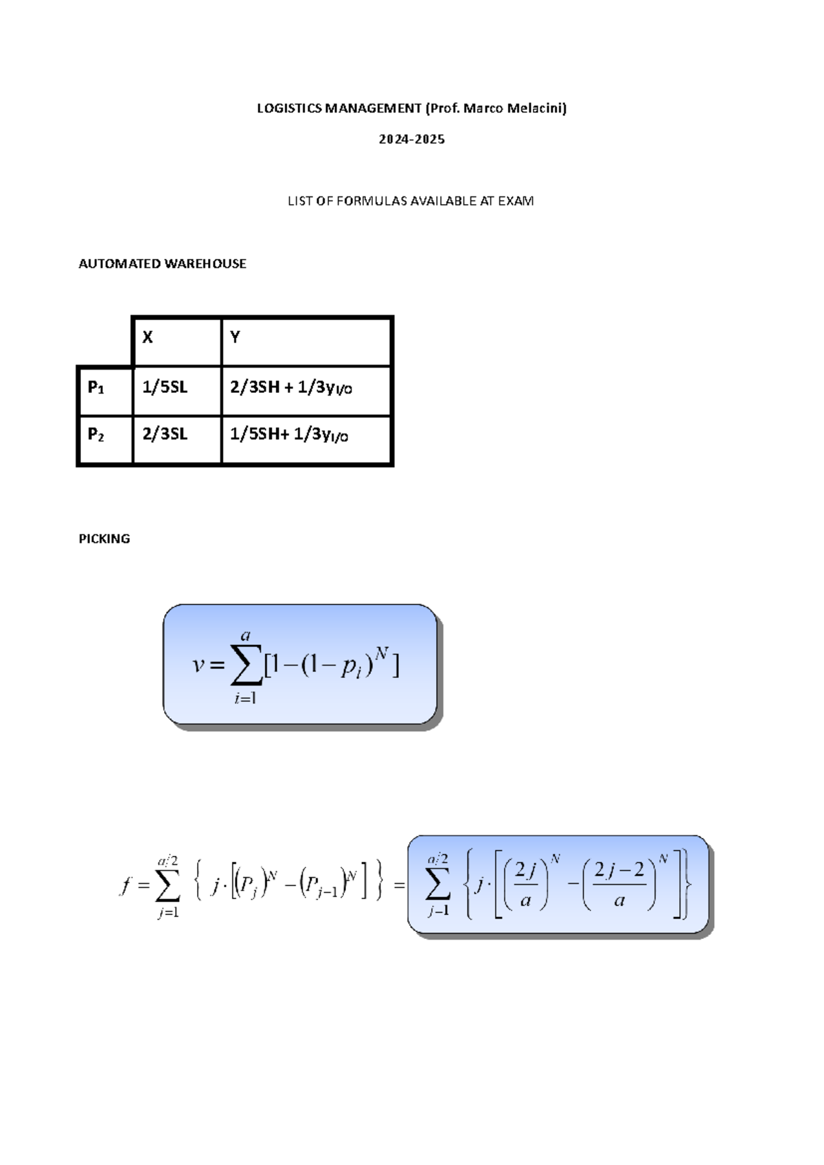 LIST OF Formulas FOR THE EXAM - Logistics management - LOGISTICS ...