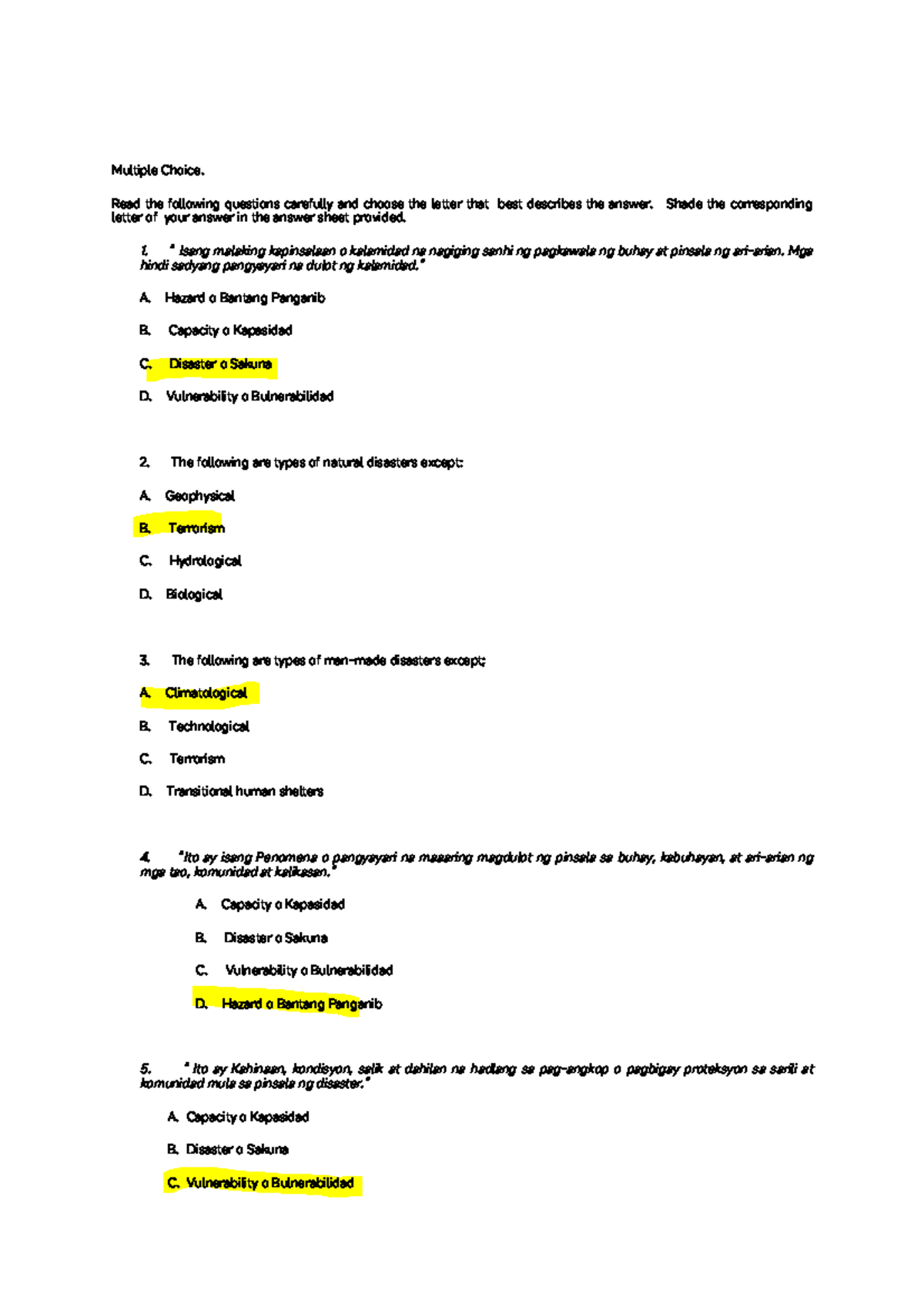 Multiple Choice Questions on Disaster Risk Reduction (DRRM) - Studocu