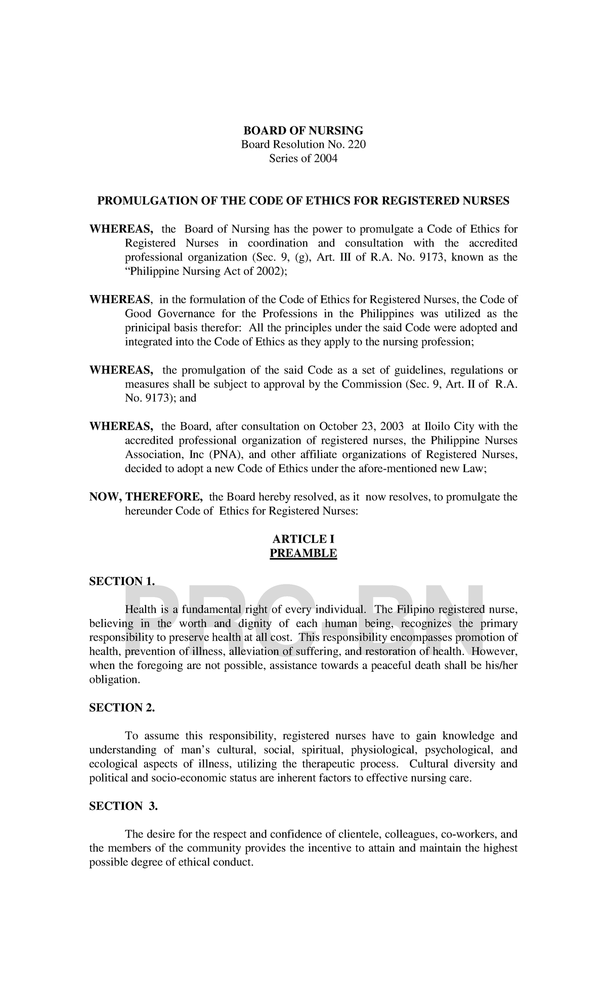Nursing Ethics Code in the Philippines: Board Res. No. 220, 2004 - Studocu