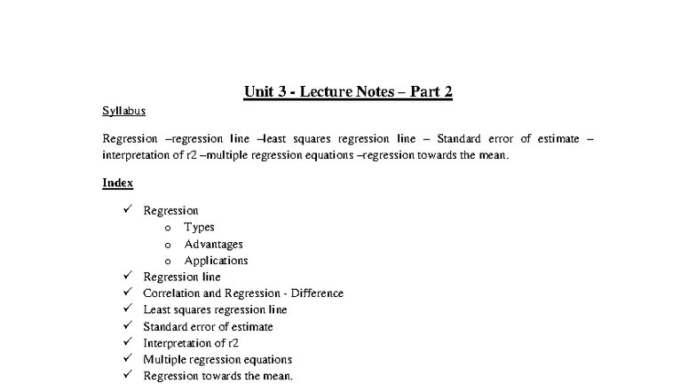 Unit 3 Lecture Notes on Regression Analysis - IT 3201 Final Exam - Studocu
