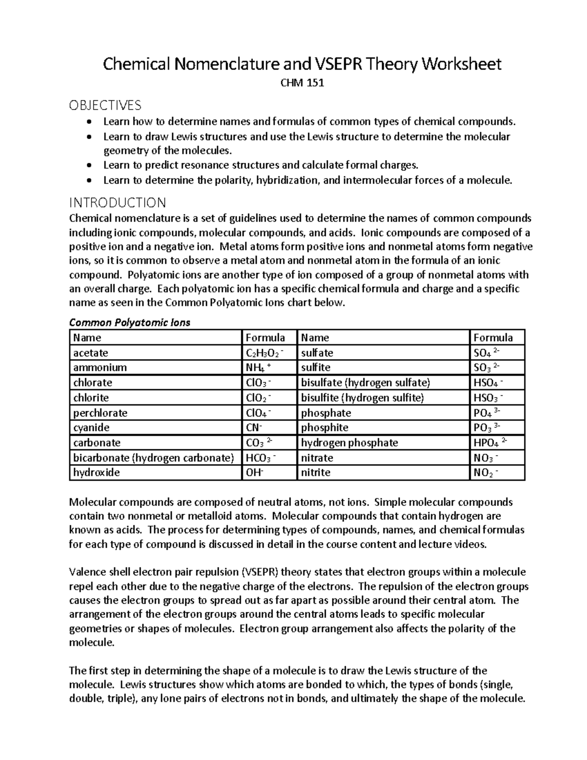 CHM 151 Chemical Nomenclature and VSEPR Theory Worksheet - Studocu