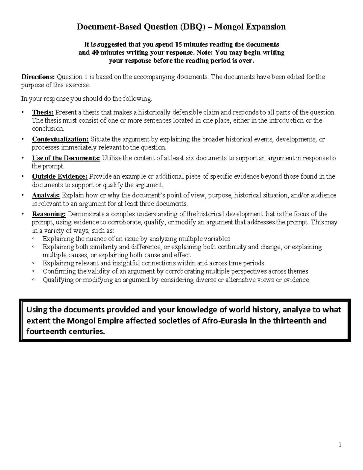 APWH - III - DBQ: Analyzing Mongol Expansion's Impact (13th-14th ...
