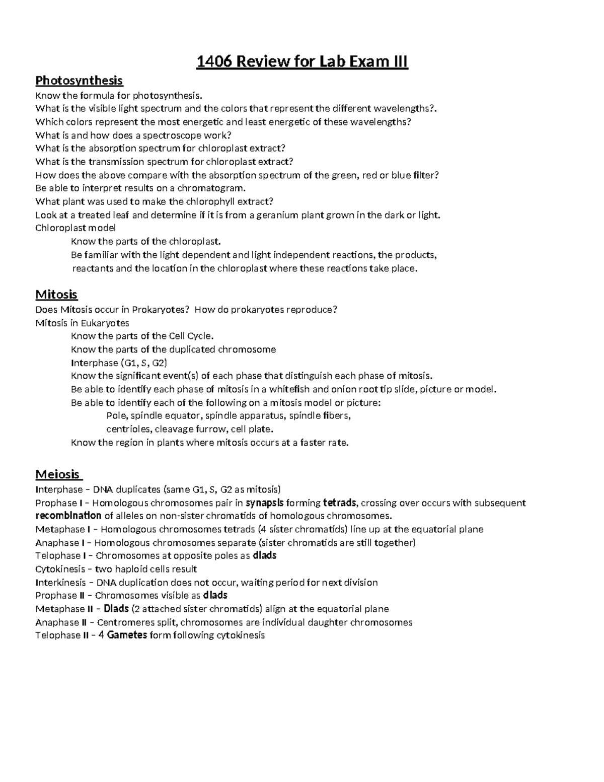 Biology Review for Lab Exam III: Photosynthesis, Mitosis, and Meiosis ...