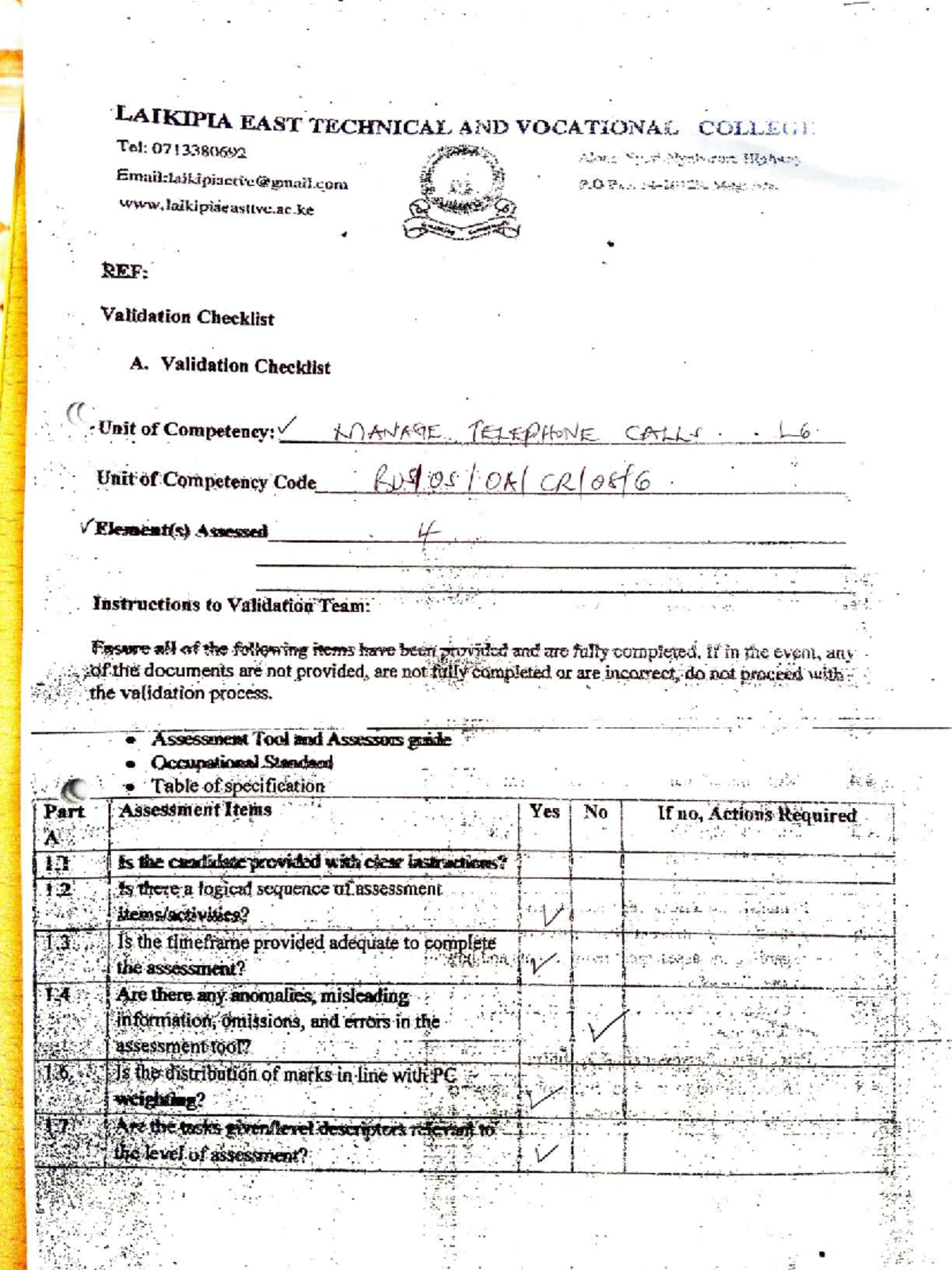 Validation Checklist for MAAQE (ELEptoNg) - Laikipia East Tech ...