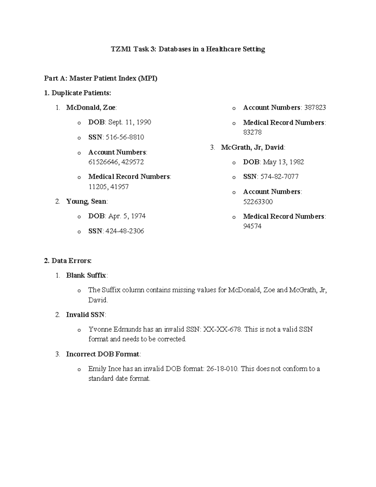 TZM1 Task 3: Data Analysis of Master Patient Index in Healthcare - Studocu