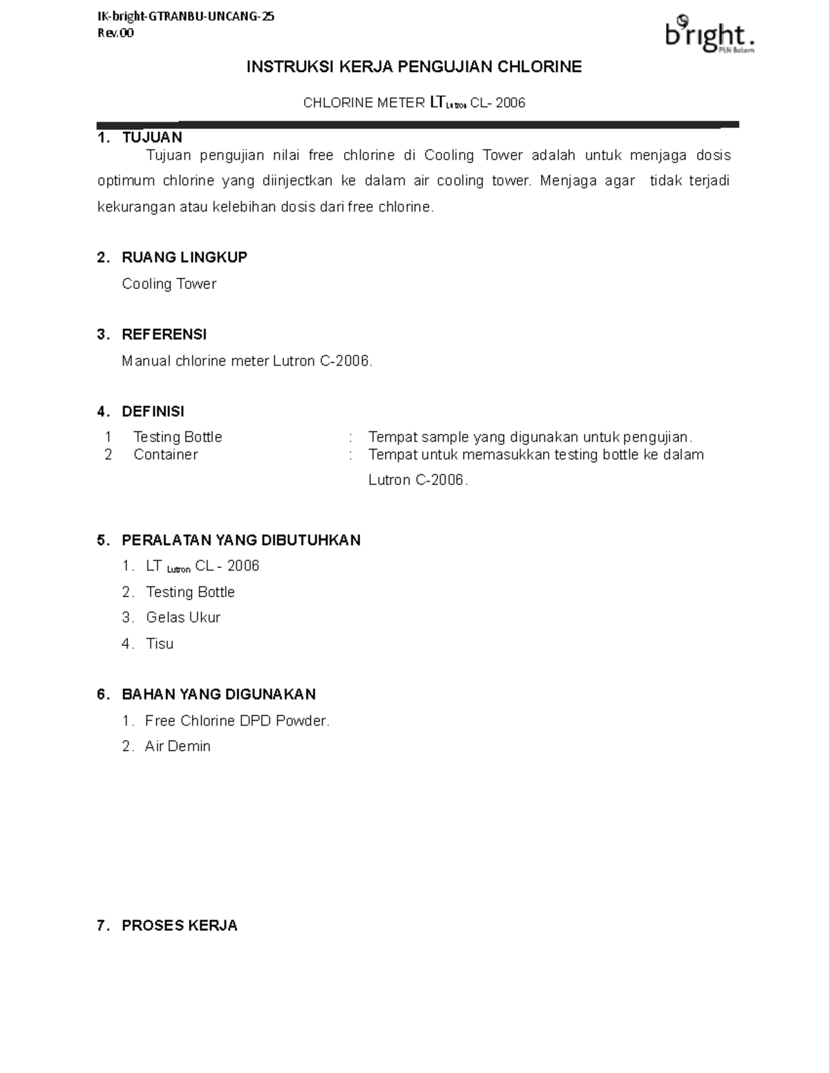 IK Chlorine - Instruksi Kerja Pengujian Meter Lutron CL-2006 - Studocu