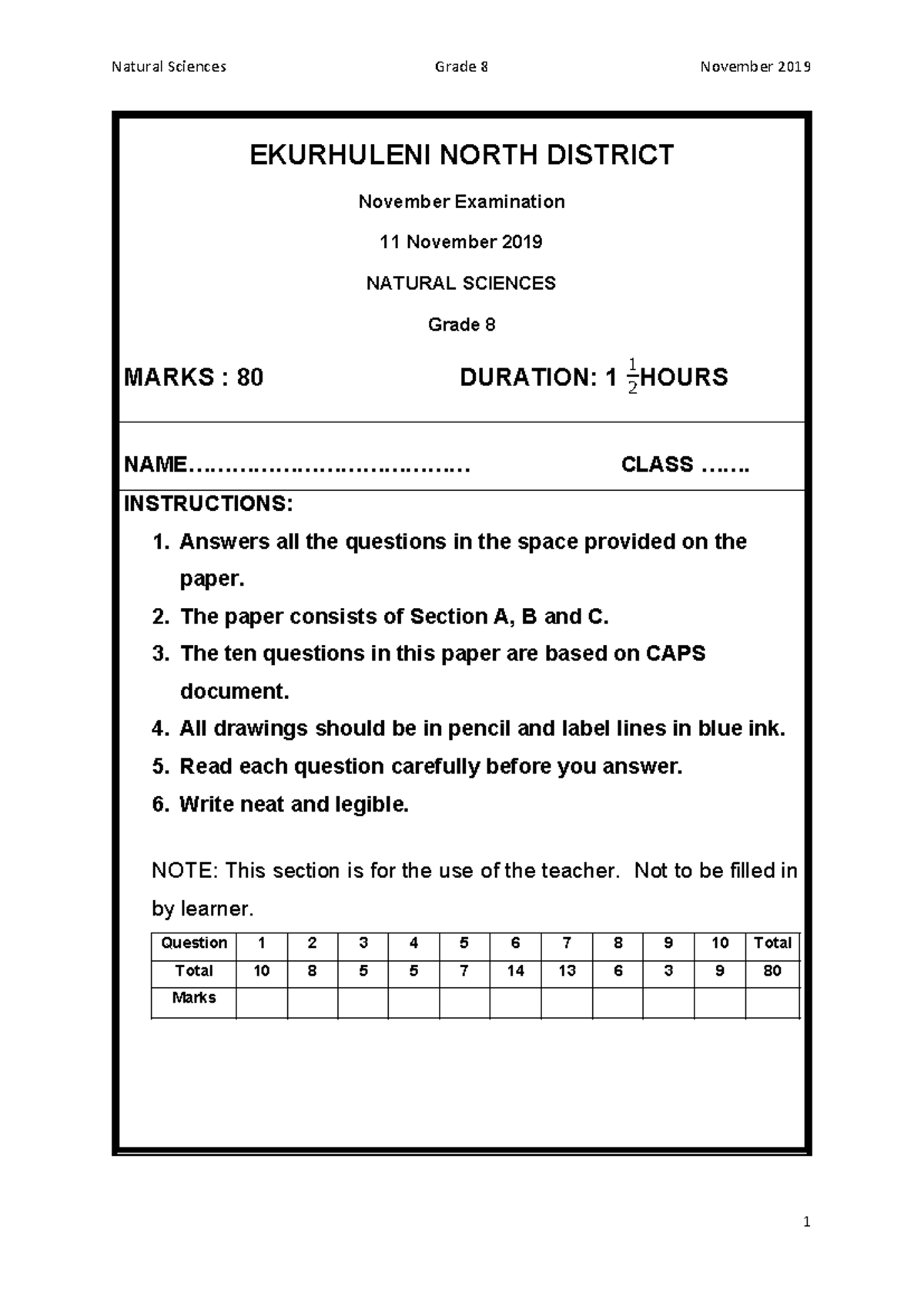 604179321 Grade 8 Natural Sciences Nov Exam Paper 2019 - Studocu