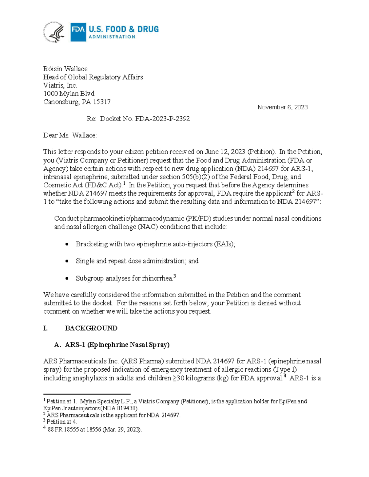 FDA-2023-P-2392-0039: Response to Viatris Citizen Petition on NDA ...