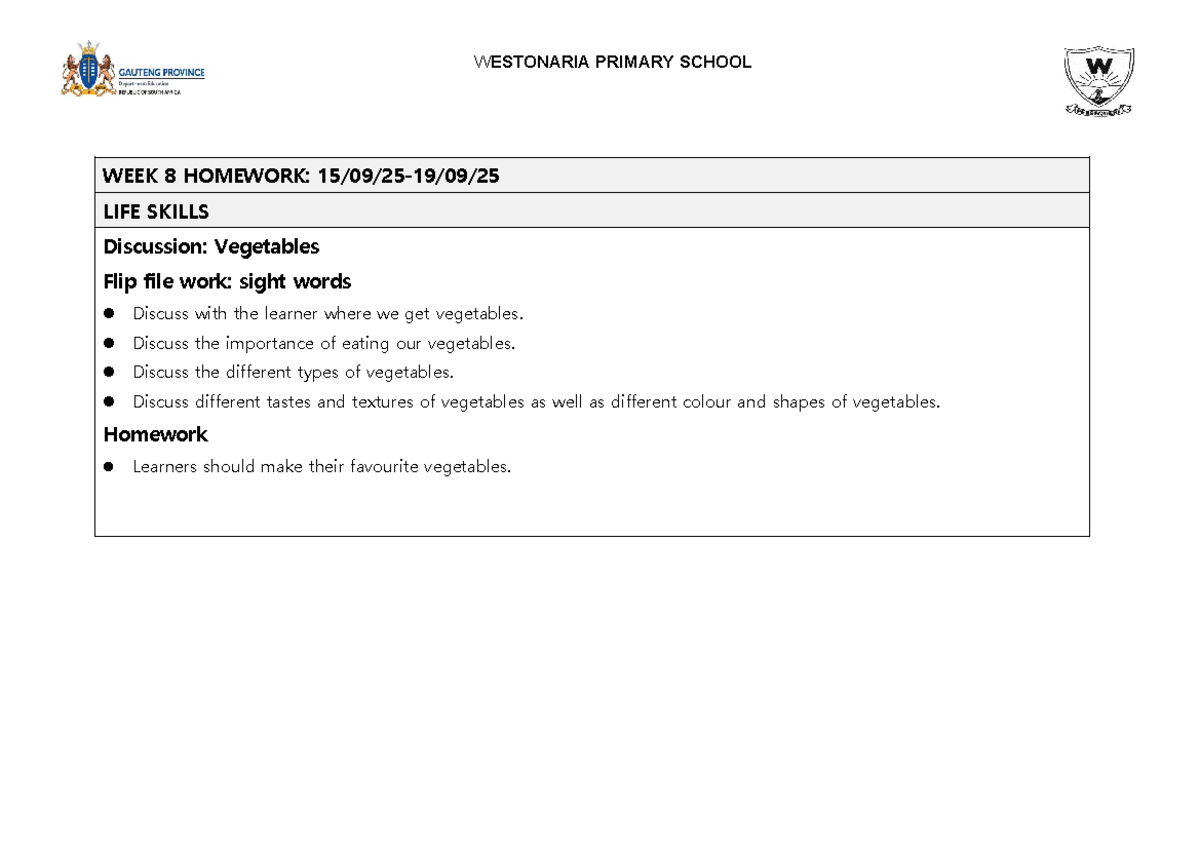 WESTONARIA PRIMARY SCHOOL WEEK 8 HOMEWORK: LIFE SKILLS & MATH - Studocu