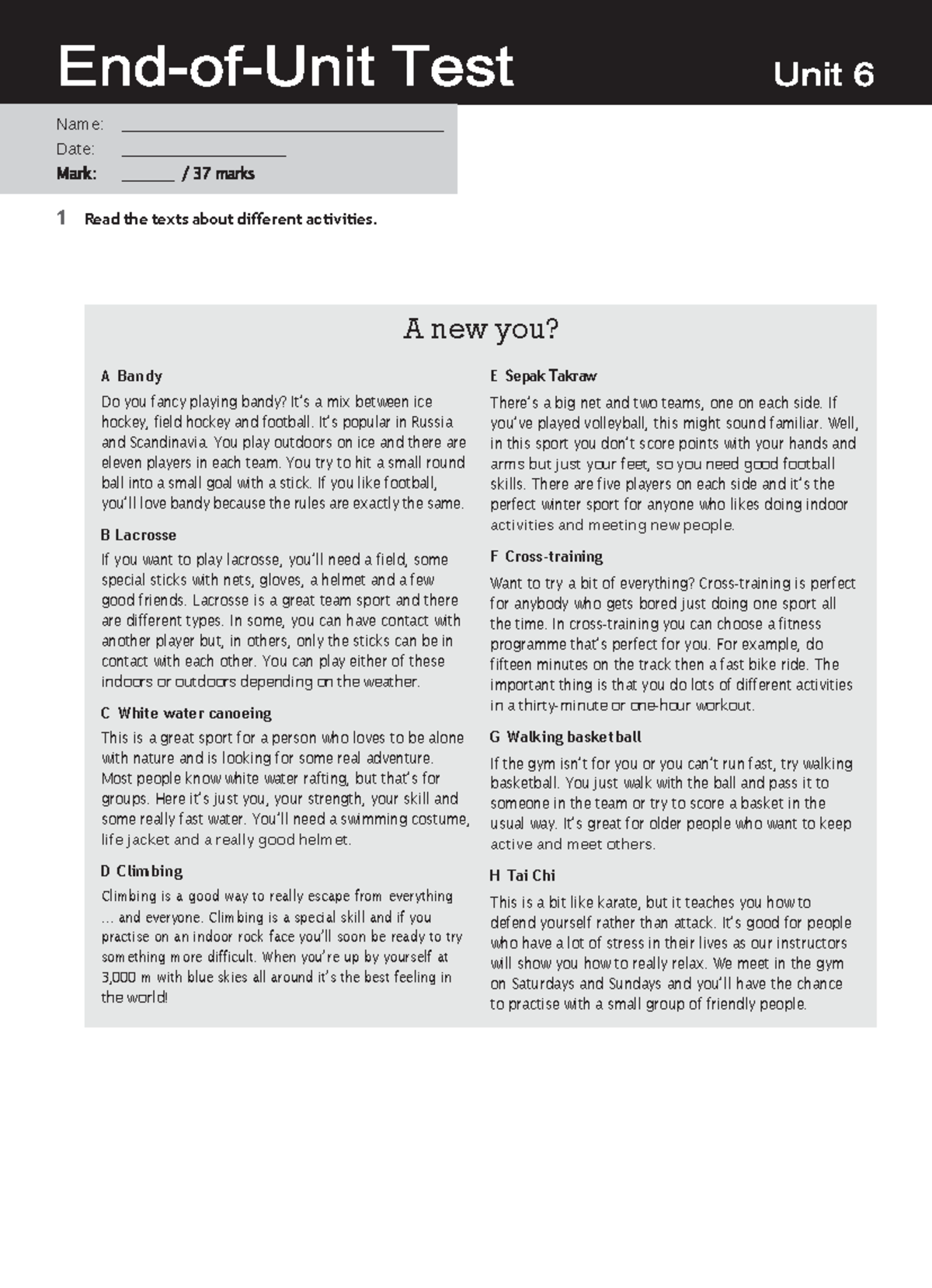 Unit 6: Sports Activities & Exam Tasks - Class 7 Exercises - Studocu