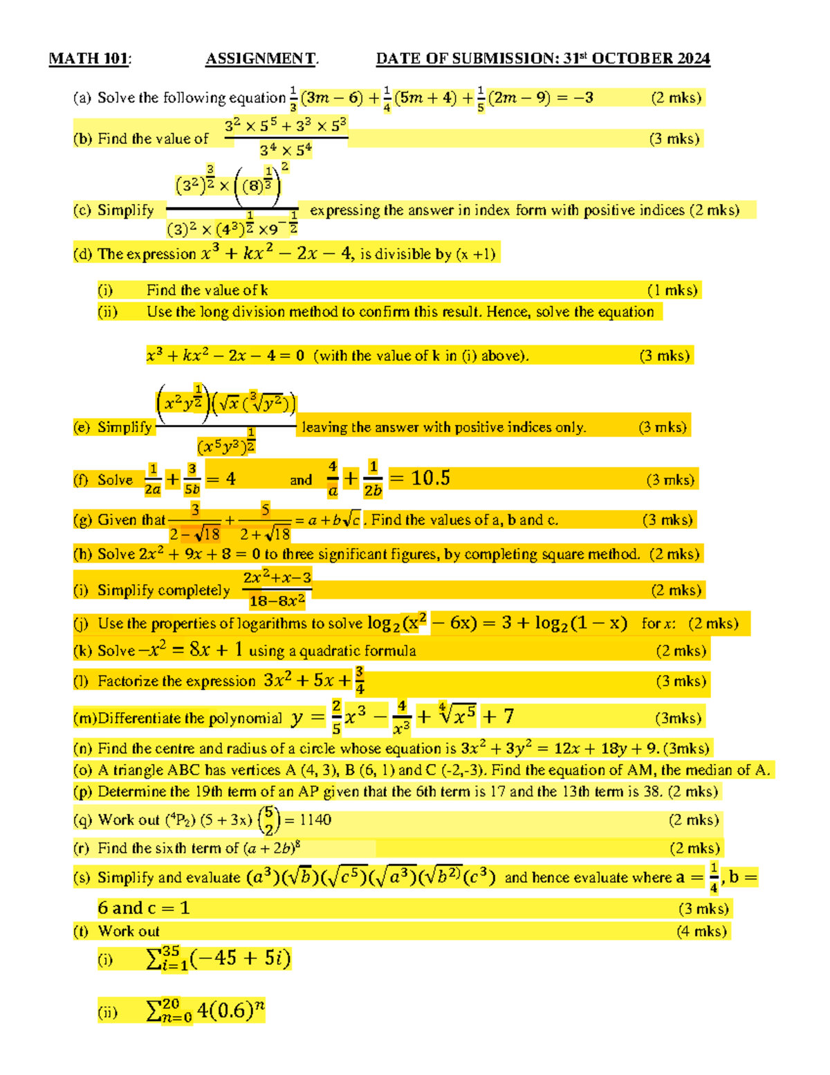Math 101 -Assignment 1, 2024 - MATH 101: ASSIGNMENT. DATE OF SUBMISSION: 31 st OCTOBER 2024 (a ...
