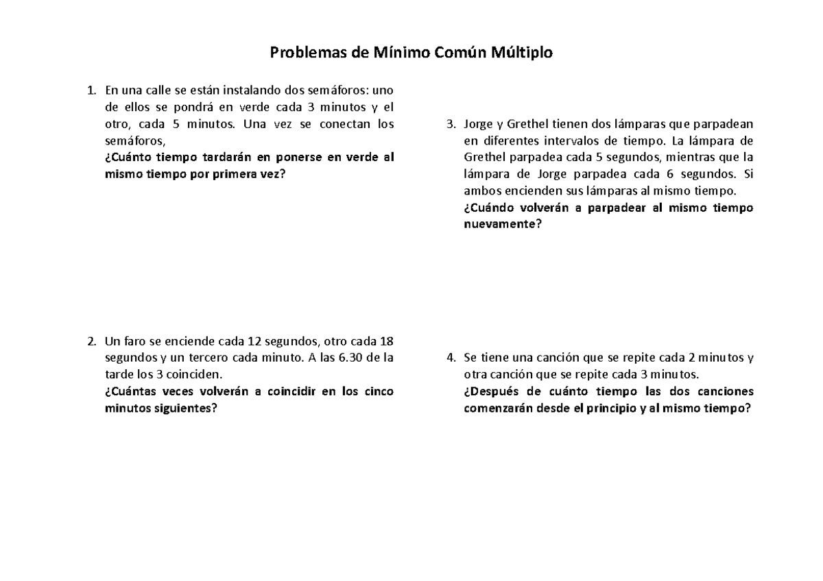 Problemas de Mínimo Común Múltiplo (MCM) - Ejercicios Resueltos - Studocu