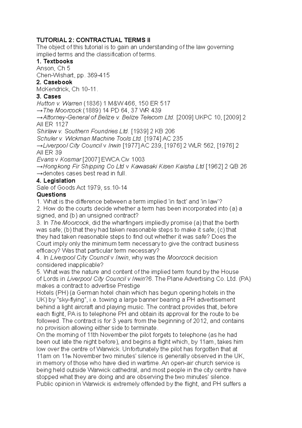 Tutorial 2 Contract Law - TUTORIAL 2: CONTRACTUAL TERMS II The object of this tutorial is to ...