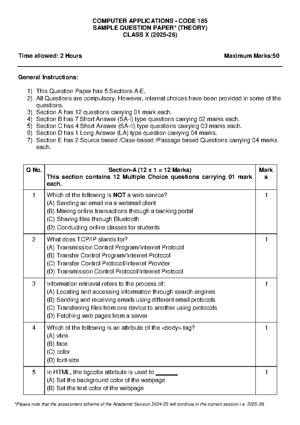 COMPUTER APPLICATIONS CODE 165 SAMPLE QUESTION PAPER CLASS X - Studocu