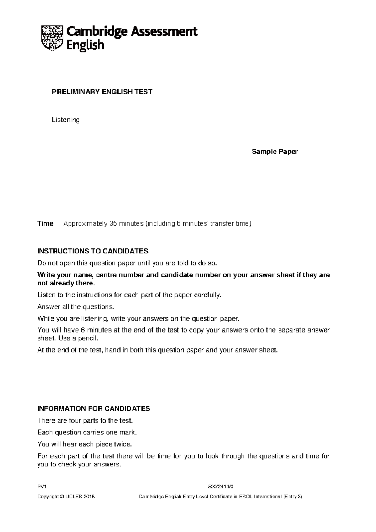 B1 Preliminary Listening Sample Paper 2020 - Studocu
