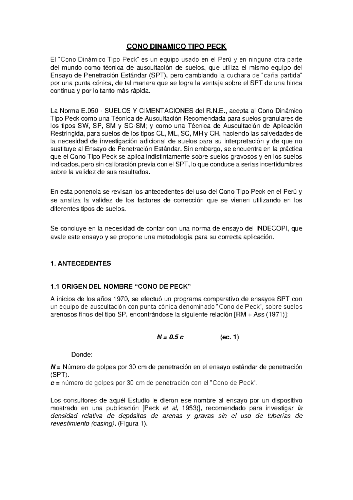 Estudio del Cono Dinámico Tipo Peck en el Perú: Validación y Normativa ...