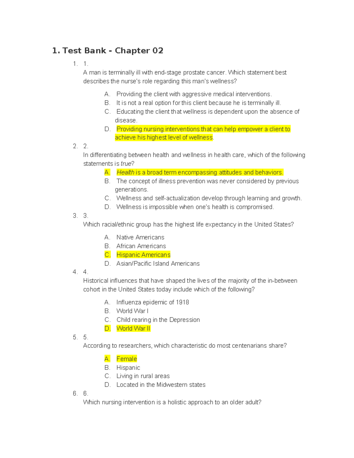 NUR 257 Unit 1 Chapter 2 Test Bank Questions - Studocu
