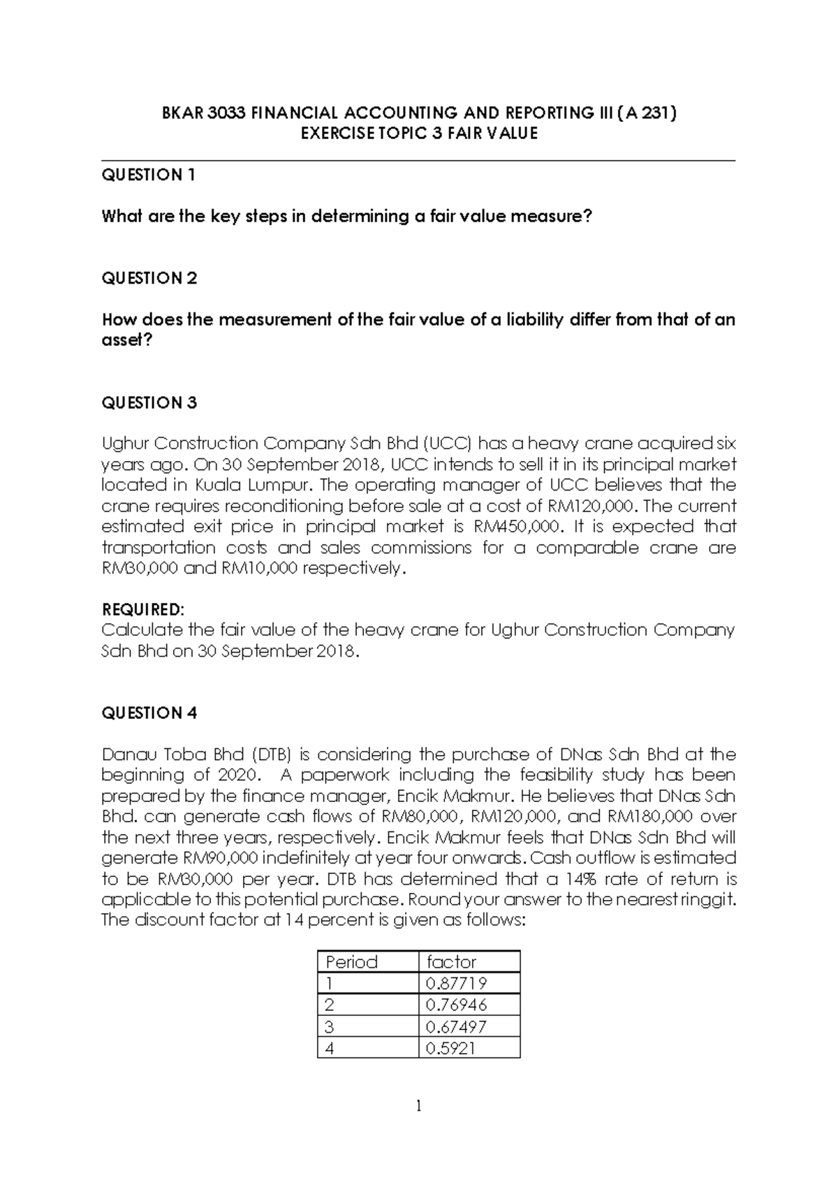 BKAR 3033 Fair Value Exercise Questions and Calculations - Studocu