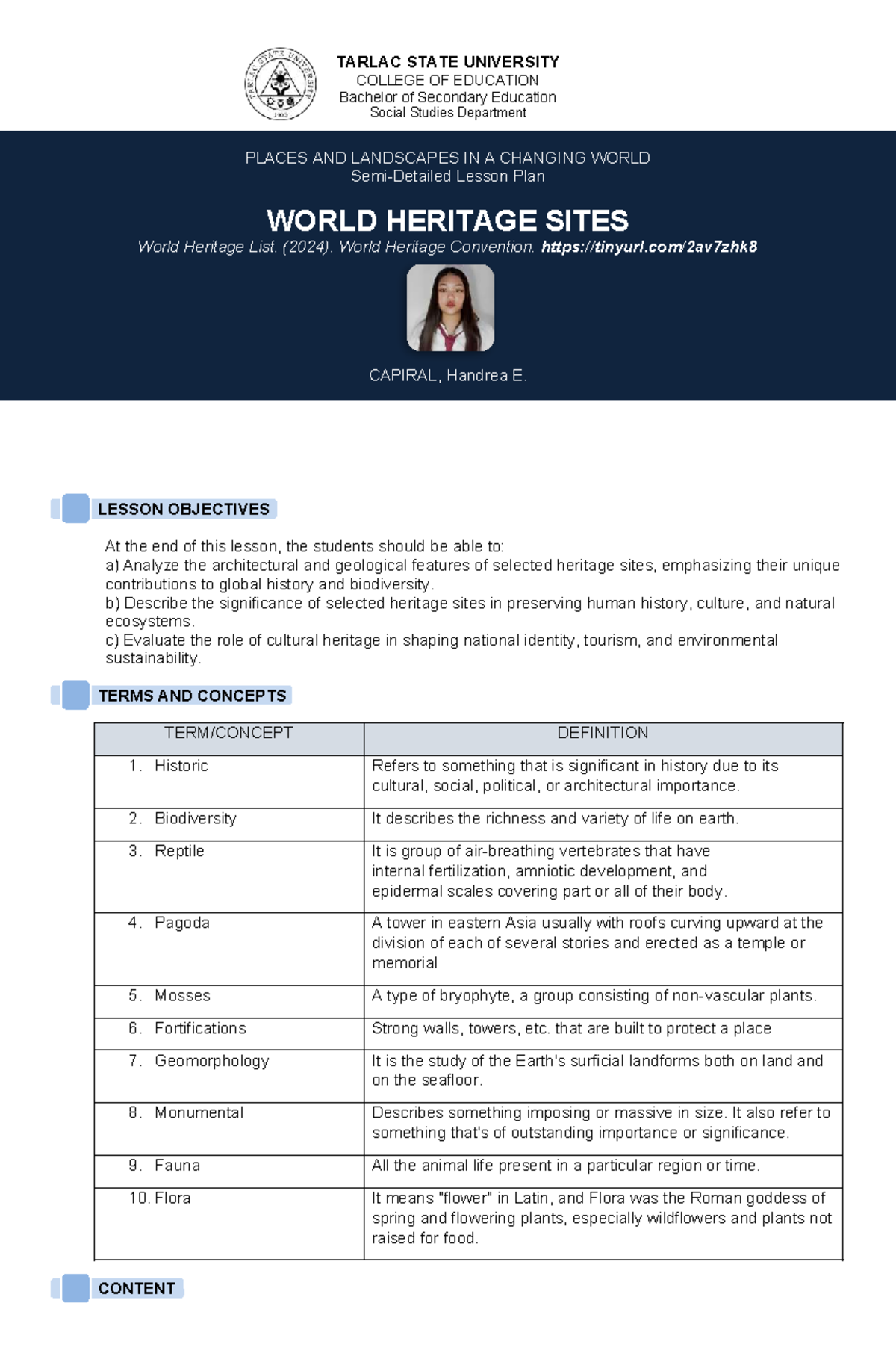 BSED 2024 Lesson Plan: Exploring World Heritage Sites and Landscapes ...