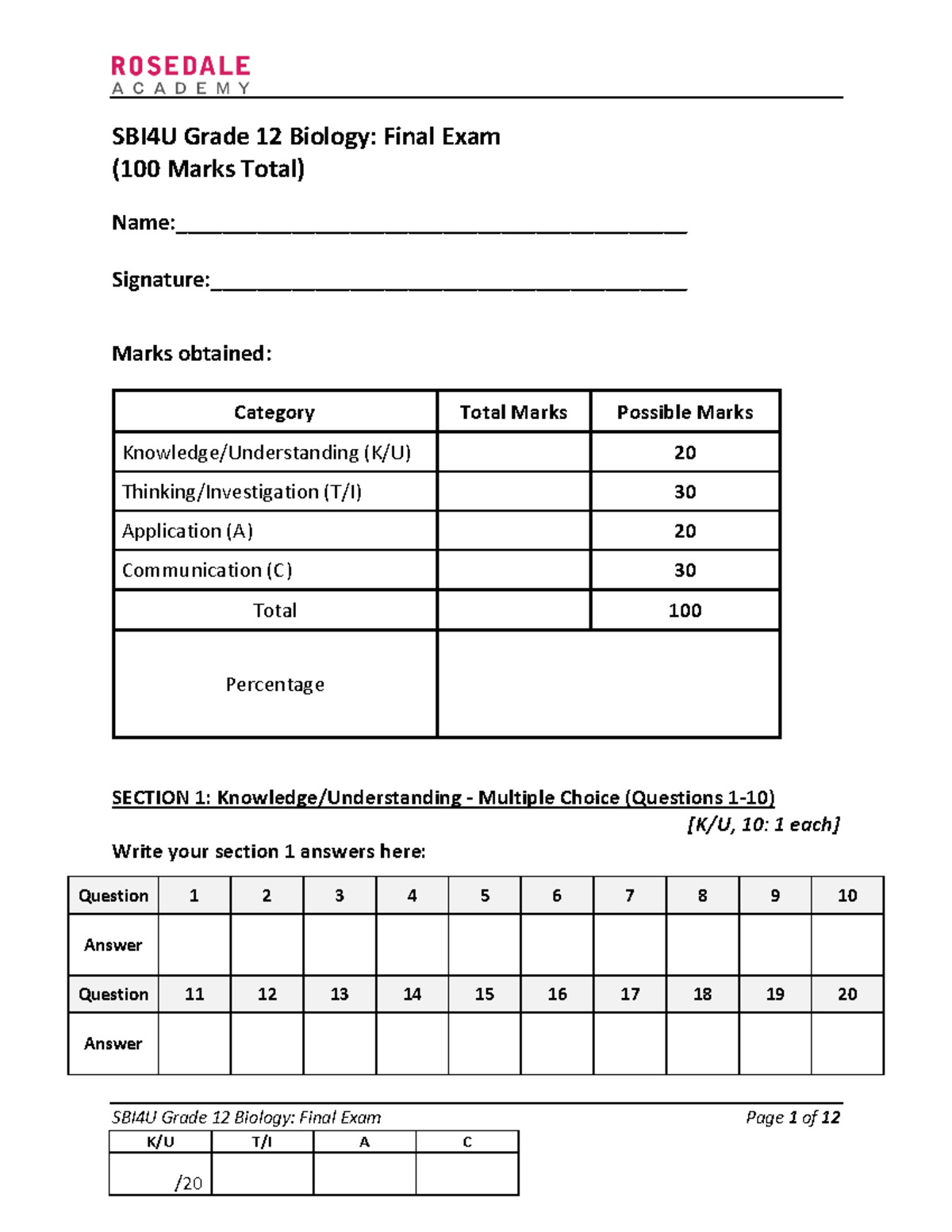SBI4U Grade 12 Biology: Final Exam Study Guide (100 Marks) - Studocu
