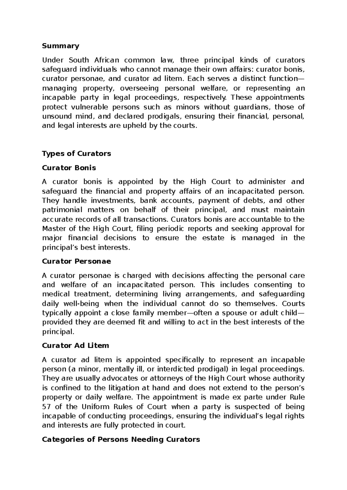 LPR Notes: Types of Curators & Case Law on Unmarried Parents - Studocu