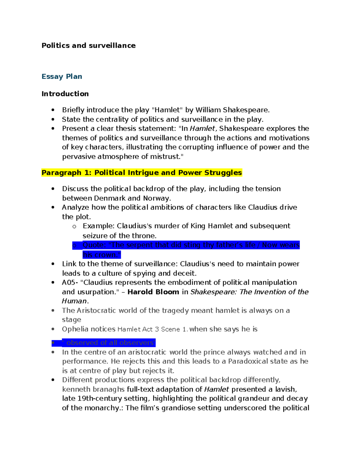 Politics and Surveillance in Hamlet: A Detailed Essay Plan - Studocu