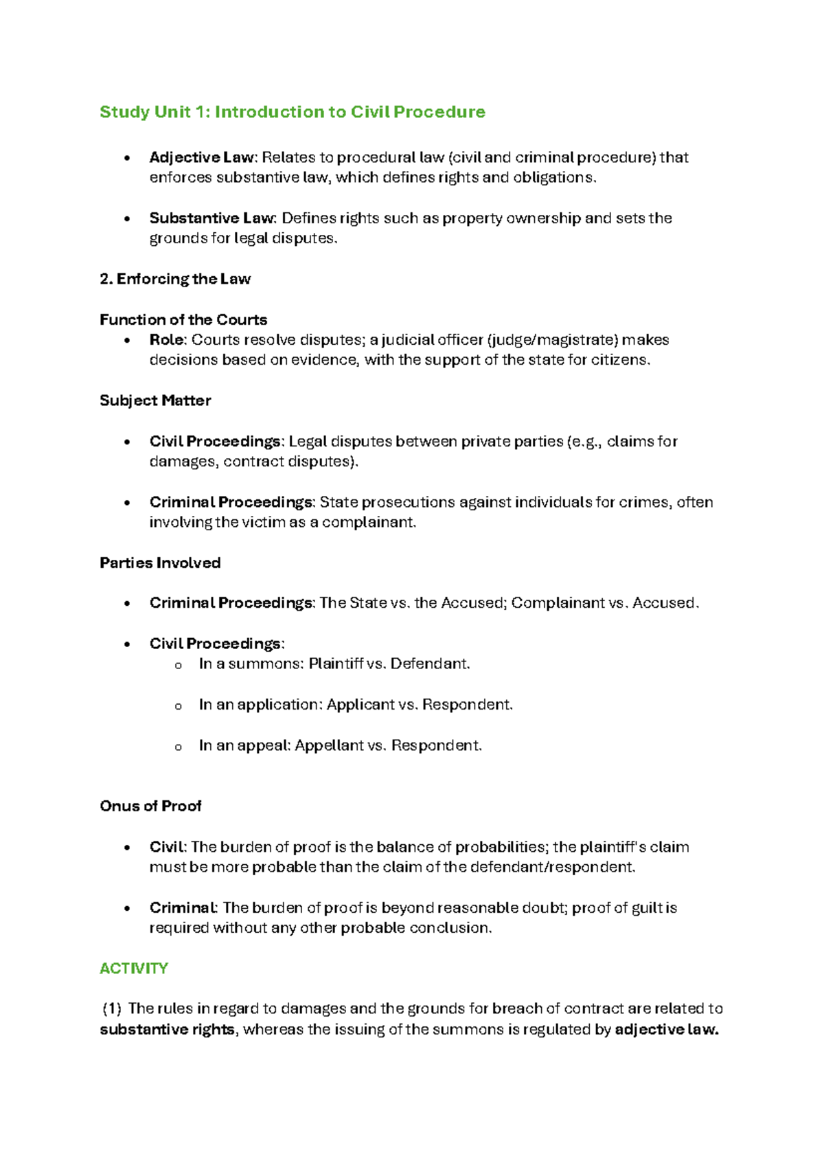 CIV3701 Study Unit Summary: Introduction to Civil Procedure Principles ...