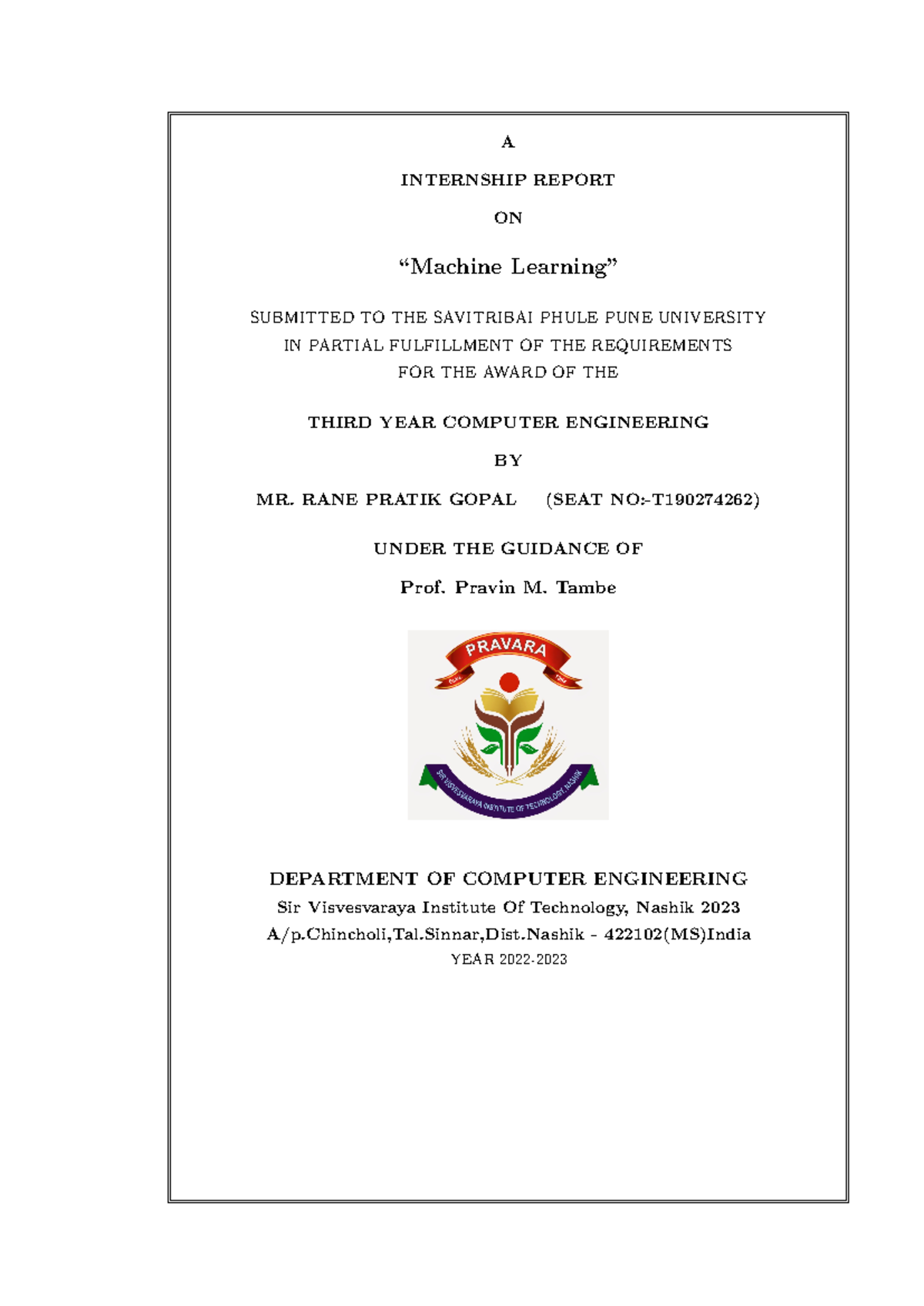 Internship Report on Machine Learning - CSE T.E. - 2023 - Studocu