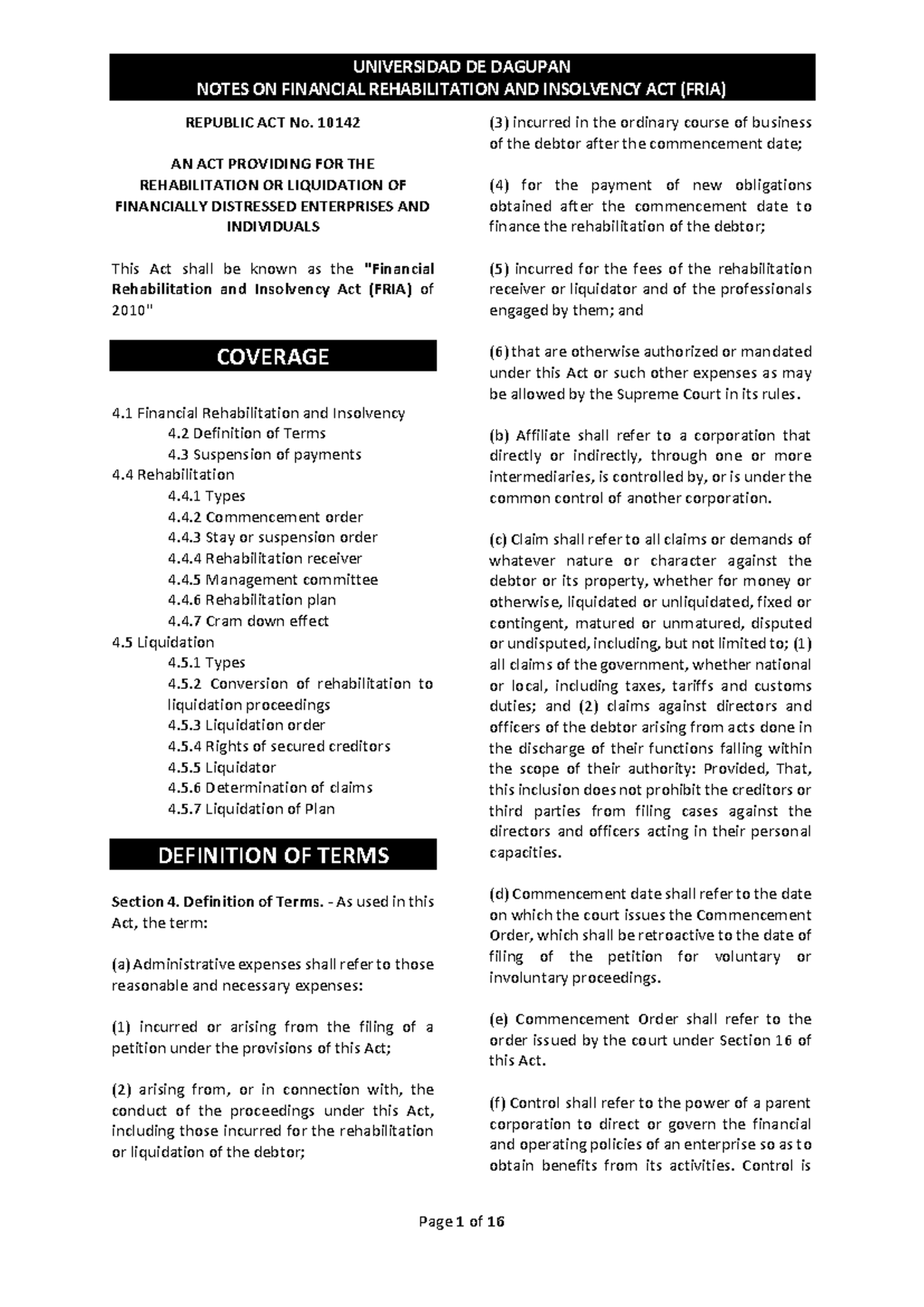 FRIA - Lecture - NOTES ON FINANCIAL REHABILITATION AND INSOLVENCY ACT ...