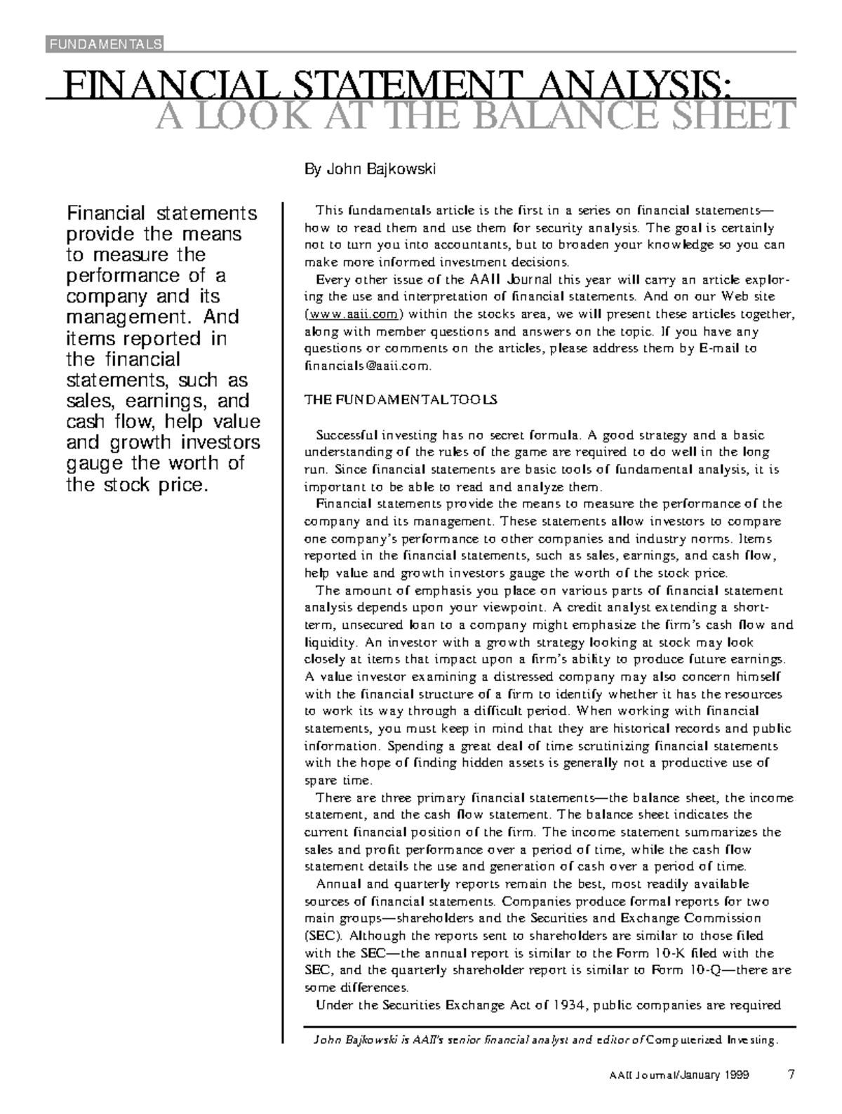 FUNDAMENTALS OF FINANCIAL STATEMENT ANALYSIS: BALANCE SHEET PRIMER ...