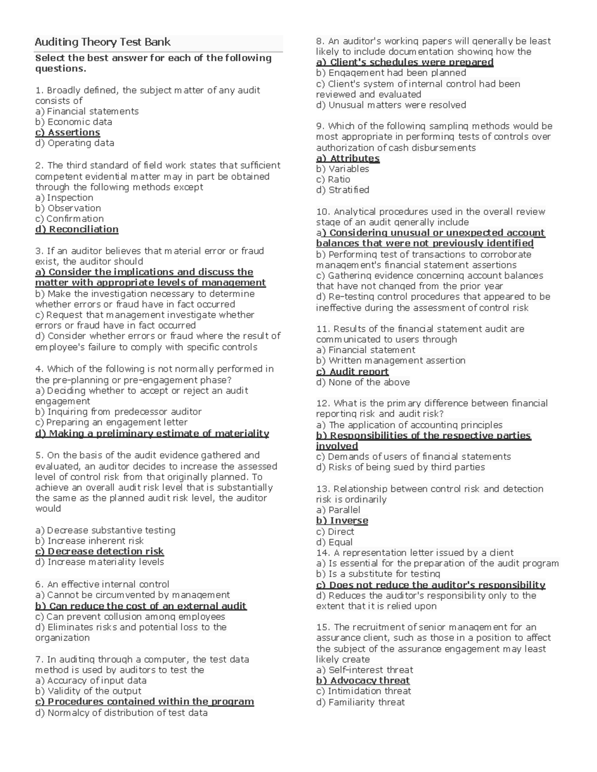 Auditing Theory Test Bank for ACC 505: Comprehensive Q&A Guide - Studocu