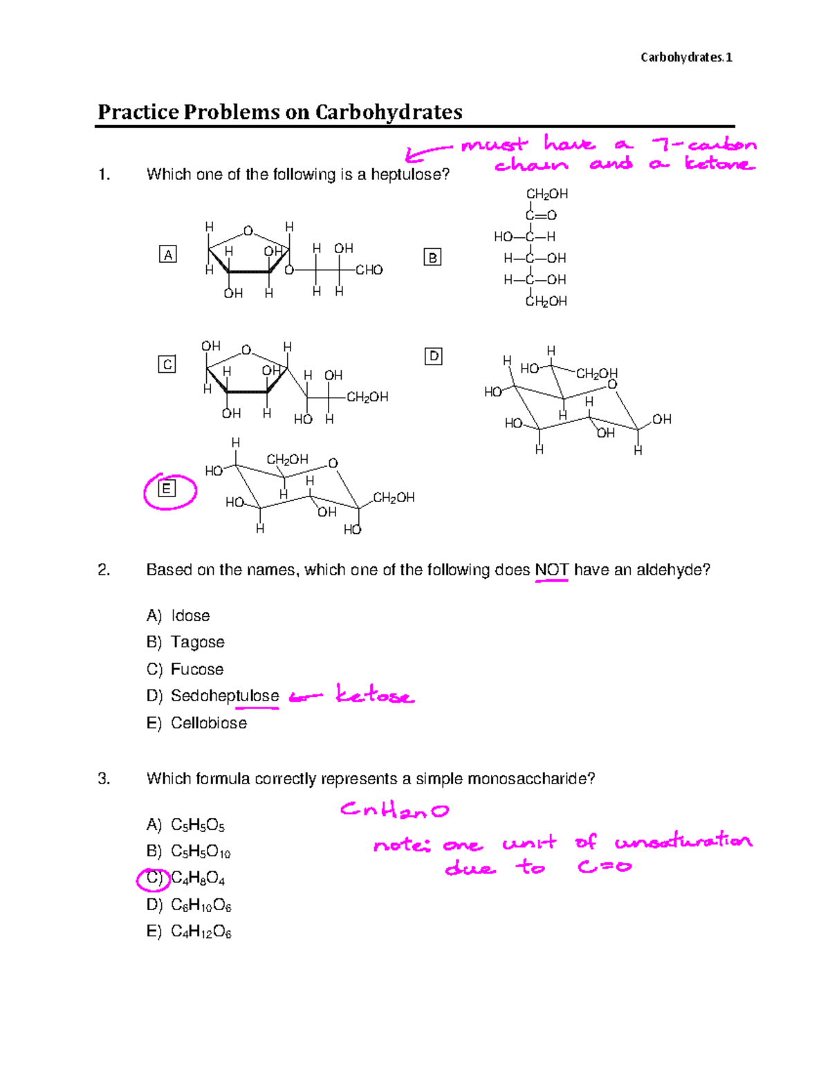 Carbohydrates Practice Problems: Q&A Review - Biochemistry 101 - Studocu