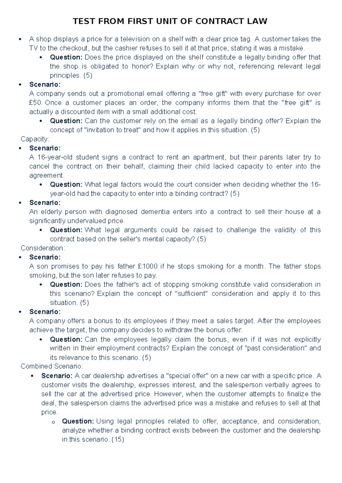 TEST FROM UNIT 1 OF CONTRACT LAW: Offers, Capacity & Consideration ...