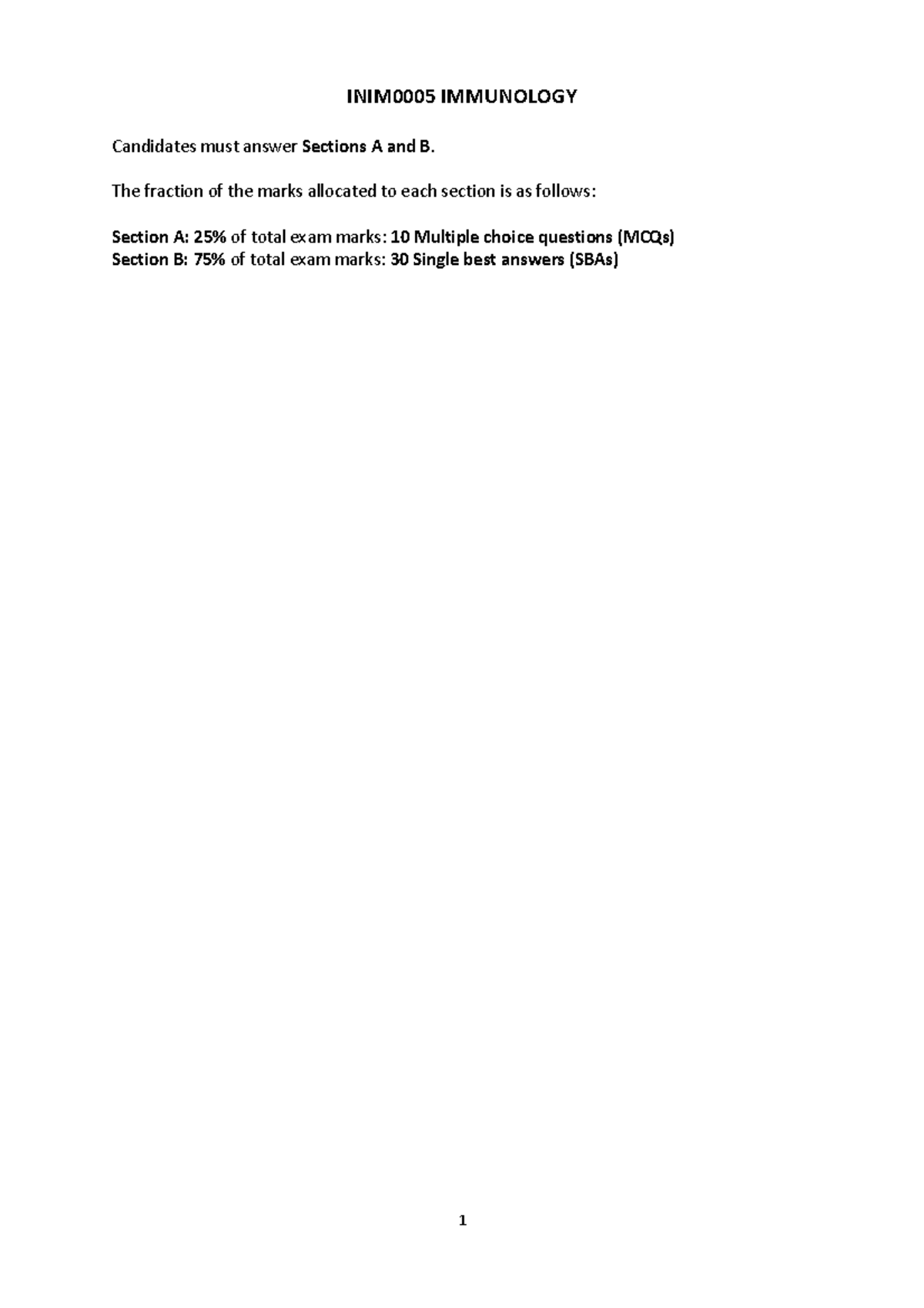 IMMUNOLOGY Past Paper 2021: MCQs & SBAs Exam Format - Studocu