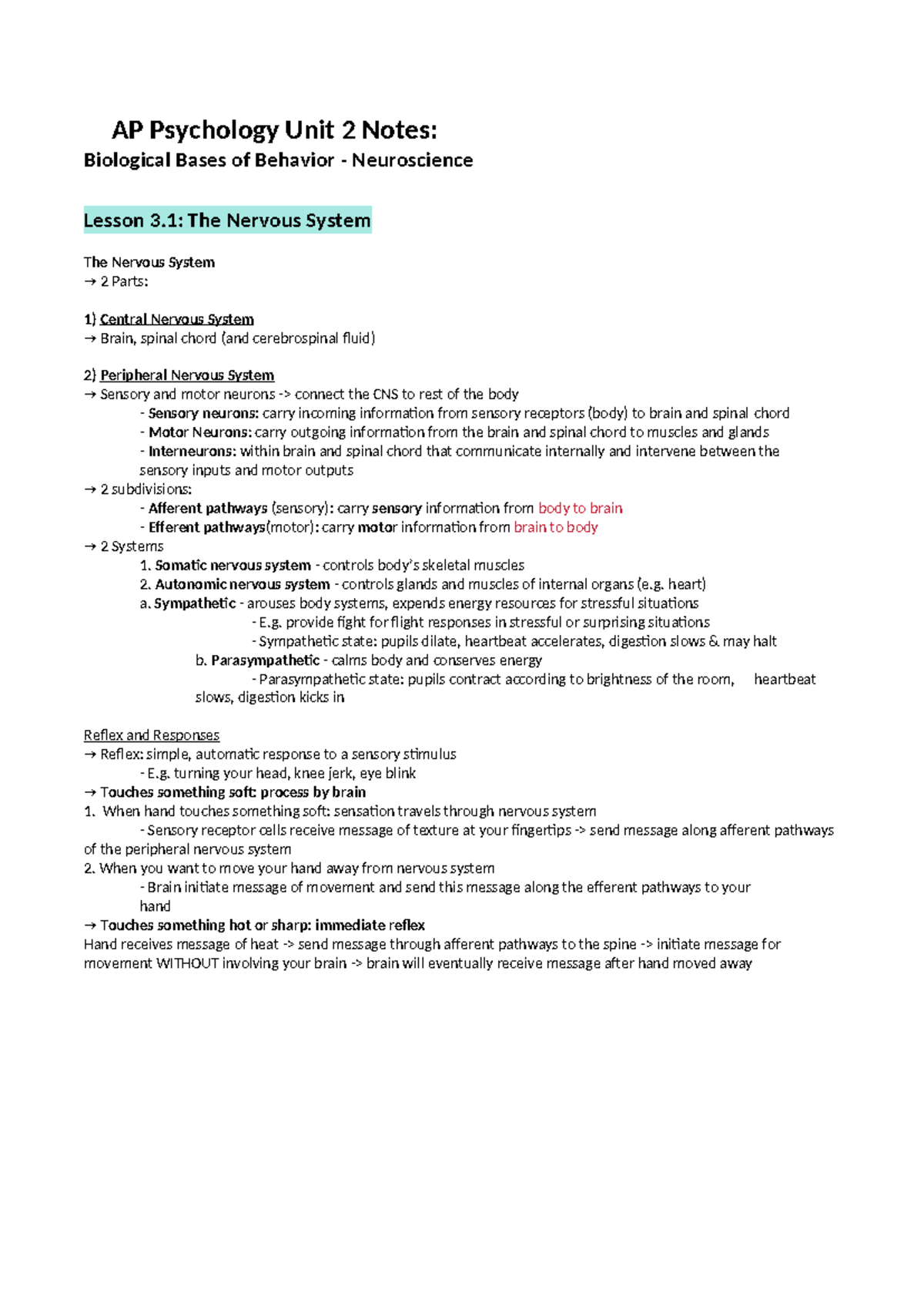 AP Psychology Unit 2: Biological Bases of Behavior Notes - Studocu